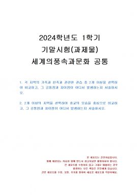 2024년 1학기 세계의풍속과문화 기말시험 과제물(각 지역의 가족과 친족과 관련한 관습)-1페이지