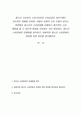 청소년 소비자의 소비가치관과 소비습관은 성인기에도 지속적인 영향을 미치며, 이들이 미래의 소비 주체가 된다는 측면에서 청소년의 소비문화를 이해하고 합리적인 소비 행동을 할 수 있도록 환경을 조성하는 것이 중요하다. 청소년 소비문화의 문제점을 파악하고, 바람직한 청소년 소비문화의 정착을 위한 방안을 생각해보자.-1페이지