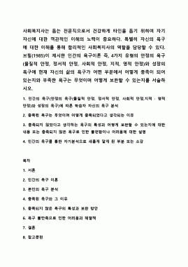 사회복지사는 돕는 전문직으로서 건강하게 타인을 돕기 위하여 자기 자신에 대한 객관적인 이해의 노력이 중요하다. 특별히 자신의 욕구에 대한 이해를 통해 합리적인 사회복지사의 역할을 담당할 수 있다. 브릴(1985)이 제시한 인간의 욕구이론 즉, 4가지 유형의 안정의 욕구(물질적 안정, 정서적 안정, 사회적 안정, 지적, 영적 안정)와 성장의 욕구에 현재 자신의 삶의 욕구가 어떤 부분에서 어떻게 충족이 되어있는지와 부족한 욕구는 무엇이며 어떻게 보완할 수 -1페이지