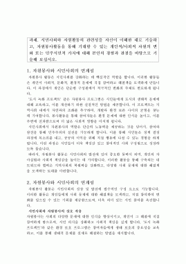 시민사회와 자원활동의 관련성을 자신이 이해한 대로 기술하고, 자원봉사활동을 통해 기대할 수 있는 개인적/사회적 차원의 변화 또는 민주시민적 가치에 대해 본인의 경험과 관점을 바탕으로 기술해 보십시오.-1페이지