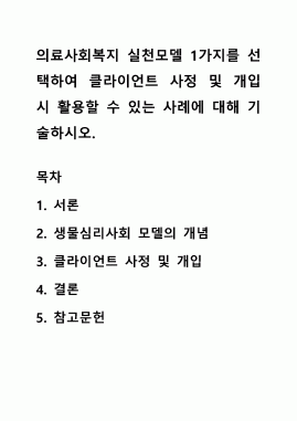 의료사회복지 실천모델 1가지를 선택하여 클라이언트 사정 및 개입 시 활용할 수 있는 사례에 대해 기술하시오.-1페이지