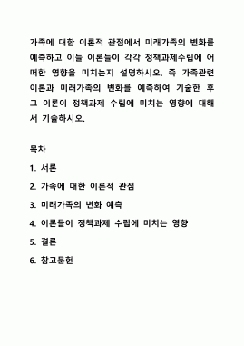 가족에 대한 이론적 관점에서 미래가족의 변화를 예측하고 이들 이론들이 각각 정책과제수립에 어떠한 영향을 미치는지 설명하시오. 즉 가족관련이론과 미래가족의 변화를 예측하여 기술한 후 그 이론이 정책과제 수립에 미치는 영향에 대해서 기술하시오.-1페이지