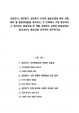 성인전기, 성인중기, 성인후기 각각의 발달단계에 따라 수행해야 할 발달과업들을 제시하고, 각 단계에서 가장 중요하다고 생각되는 발달과업 한 개를 선택하여 선택한 발달과업의 중요성이나 필요성을 강조하여 정리하시요-1페이지