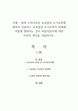 현재 우리나라의 교육열과 조기유학에 대하여 서술하고 교육열과 조기유학이 미래에 어떻게 변화되는 것이 바람직한지에 대한 자신의 생각을 서술하시오-1페이지