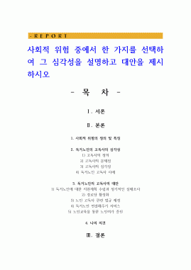 사회적 위험 중에서 한 가지를 선택하여 그 심각성을 설명하고 대안을 제시하시오-1페이지