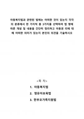 아동복지법과 관련된 법에는 어떠한 것이 있는지 각각의 분류에서 한 가지씩 총 3가지를 선택하여 법 명에 따른 개념 및 내용을 간단히 정리하고 아동권 리에 대해 어떠한 의미가 있는지 본인의 의견을 기술하시오-1페이지