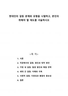 현대인의 갈등 문제와 유형을 나열하고, 본인의 취해야 할 태도를 서술하시오-1페이지