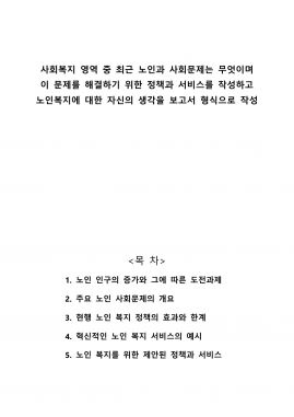 사회복지 영역 중 최근 노인과 사회문제는 무엇이며 이 문제를 해결하기 위한 정책과 서비스를 작성하고 노인복지에 대한 자신의 생각을 보고서 형식으로 작성-1페이지