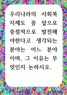 [ 우리나라의 사회복지제도 중 앞으로 중점적으로 발전해야한다고 생각되는 분야는 어느 분야이며, 그 이유는 무엇인지 논하시오 ]-1페이지