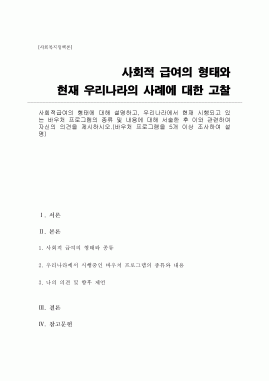 사회적급여의 형태에 대해 설명하고, 우리나라에서 현재 시행되고 있는 바우처 프로그램의 종류 및 내용에 대해 서술한 후 이와 관련하여 자신의 의견을 제시하시오-1페이지