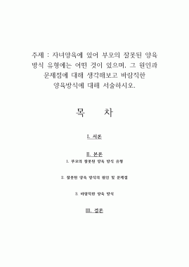 자녀양육에 있어 부모의 잘못된 양육 방식 유형에는 어떤 것이 있으며, 그 원인과 문제점에 대해 생각해보고 바람직한 양육방식에 대해 서술하시오-1페이지