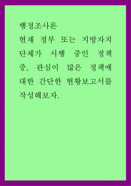 행정조사론 ) 현재 정부 또는 지방자치단체가 시행 중인 정책 중, 관심이 많은 정책에 대한 간단한 현황보고서-1페이지