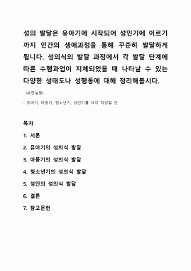 성의 발달은 유아기에 시작되어 성인기에 이르기까지 인간의 생애과정을 통해 꾸준히 발달하게 됩니다. 성의식의 발달 과정에서 각 발달 단계에 따른 수행과업이 지체되었을 때 나타날 수 있는 다양한 성태도나 성행동에 대해 정리해봅시다.-1페이지