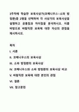 3주차에 학습한 보육사상가(코메니우스~소파 방정환)중 2명을 선택하여 각 사상가의 보육사상을 설명하고 공통점과 차이점을 분석하시오. 이를 바탕으로 바람직한 보육에 대한 자신의 관점을 제시하시오.-1페이지