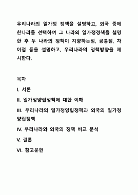 우리나라의 일가정 정책을 설명하고, 외국 중에 한나라를 선택하여 그 나라의 일가정정책을 설명한 후 두 나라의 정책이 지향하는점, 공통점, 차이점 등을 설명하고, 우리나라의 정책방향을 제시한다.-1페이지