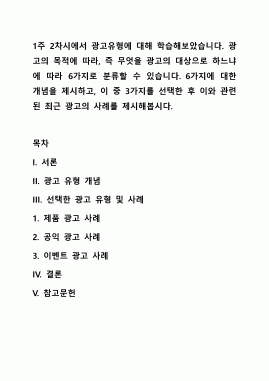 1주 2차시에서 광고유형에 대해 학습해보았습니다. 광고의 목적에 따라, 즉 무엇을 광고의 대상으로 하느냐에 따라 6가지로 분류할 수 있습니다. 6가지에 대한 개념을 제시하고, 이 중 3가지를 선택한 후 이와 관련된 최근 광고의 사례를 제시해봅시다.-1페이지