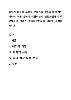 애착의 개념과 유형을 구분하여 정리하고 자신의 애착이 어떤 유형에 해당하는지 성장과정에서 주양육자의 관계가 어떠하였는지에 대하여 분석해보시오.-1페이지