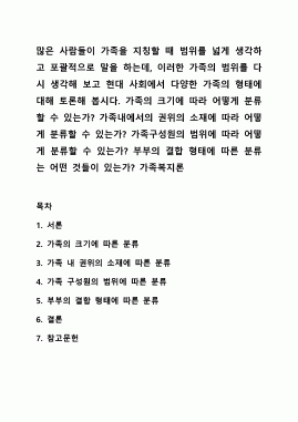 많은 사람들이 가족을 지칭할 때 범위를 넓게 생각하고 포괄적으로 말을 하는데, 이러한 가족의 범위를 다시 생각해 보고 현대 사회에서 다양한 가족의 형태에 대해 토론해 봅시다. 가족의 크기에 따라 어떻게 분류할 수 있는가? 가족내에서의 권위의 소재에 따라 어떻게 분류할 수 있는가? 가족구성원의 범위에 따라 어떻게 분류할 수 있는가? 부부의 결합 형태에 따른 분류는 어떤 것들이 있는가? 가족복지론-1페이지