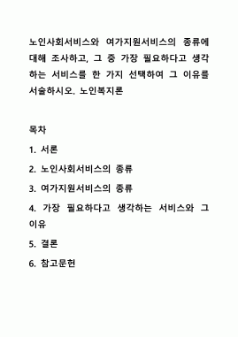 노인사회서비스와 여가지원서비스의 종류에 대해 조사하고, 그 중 가장 필요하다고 생각하는 서비스를 한 가지 선택하여 그 이유를 서술하시오. 노인복지론-1페이지