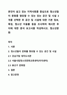 본인이 살고 있는 지역사회를 중심으로 청소년들이 문화를 향유할 수 있는 있는 공간 및 시설 3개를 선택한 후 공간 및 시설에 대한 기본 정보, 특징, 청소년 이용률 등을 조사하여 제시한 후 이에 대한 분석 보고서를 작성하시오. 청소년문화-1페이지