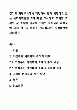 경기도 의정부시에서 제정하여 현재 시행하고 있는 사회복지관련 조례1개를 조사하고, 조사한 조례의 각 조항에 입각한 조례의 문제점과 개선점에 대해 자신의 의견을 기술하시오. 사회복지법제와실천-1페이지