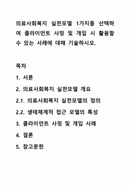 의료사회복지 실천모델 1가지를 선택하여 클라이언트 사정 및 개입 시 활용할 수 있는 사례에 대해 기술하시오.-1페이지