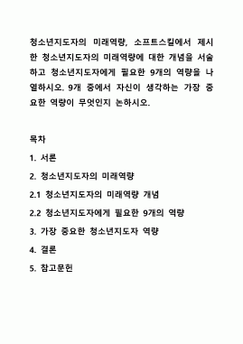 청소년지도자의 미래역량, 소프트스킬에서 제시한 청소년지도자의 미래역량에 대한 개념을 서술하고 청소년지도자에게 필요한 9개의 역량을 나열하시오. 9개 중에서 자신이 생각하는 가장 중요한 역량이 무엇인지 논하시오.-1페이지