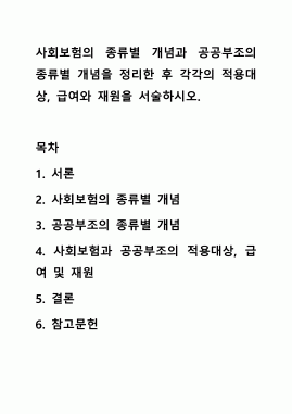 사회보험의 종류별 개념과 공공부조의 종류별 개념을 정리한 후 각각의 적용대상, 급여와 재원을 서술하시오.-1페이지