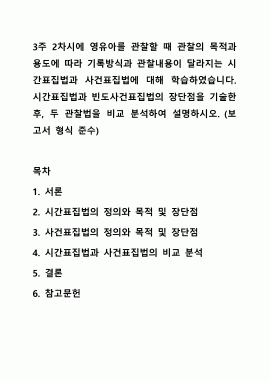 3주 2차시에 영유아를 관찰할 때 관찰의 목적과 용도에 따라 기록방식과 관찰내용이 달라지는 시간표집법과 사건표집법에 대해 학습하였습니다. 시간표집법과 빈도사건표집법의 장단점을 기술한 후, 두 관찰법을 비교 분석하여 설명하시오. (보고서 형식 준수)-1페이지