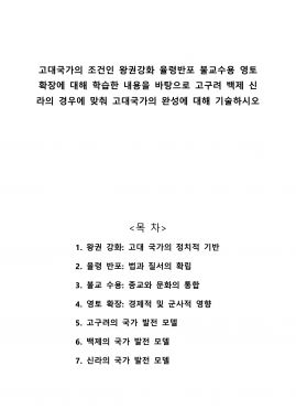 고대국가의 조건인 왕권강화 율령반포 불교수용 영토확장에 대해 학습한 내용을 바탕으로 고구려 백제 신라의 경우에 맞춰 고대국가의 완성에 대해 기술하시오-1페이지