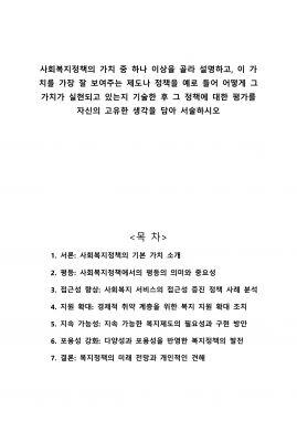 사회복지정책의 가치 중 하나 이상을 골라 설명하고, 이 가치를 가장 잘 보여주는 제도나 정책을 예로 들어 어떻게 그 가치가 실현되고 있는지 기술한 후 그 정책에 대한 평가를 자신의 고유한 생각을 담아 서술하시오-1페이지