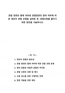 관찰 장면의 통제 여부와 관찰장면의 참여 여부에 따른 영유아 관찰 유형을 살펴본 후, 관찰오류를 줄이기 위한 방안을 서술하시오.-1페이지