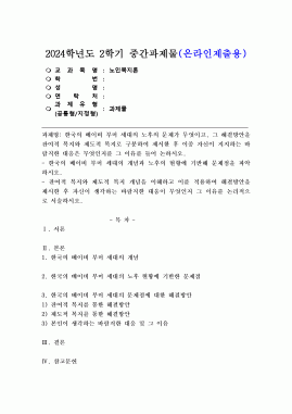 (2024학년도 2학기, 중간과제물, 노인복지론, 과제물) 한국의 베이비 부머 세대의 노후의 문제가 무엇이고, 그 해결방안을 잔여적 복지와 제도적 복지로 구분하여 제시한 후 이중 자신이 지지하는 바람직한 대응은 무엇인지를 그 이유를 들어 논하시오. - 한국의 베이비 부머 세대의 개념과 노후의 현황에 기반해 문제점을 파악하시오. - 잔여적 복지와 제도적 복지 개념을 이해하고 이를 적용하여 해결방안을 제시한 후 자신이 생각하는 바람직한 대응이 무엇인지 그 -1페이지