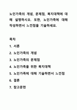 노인가족의 개념, 문제점, 복지대책에 대해 설명하시오. 또한, 노인가족에 대해 작성하면서 느낀점을 기술하세요.-1페이지