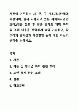 자신이 거주하는 시, 군, 구 기초자치단체에 제정되어, 현재 시행되고 있는 사회복지관련 조례2개를 찾은 후 찾은 조례의 제정 목적 및 조례 내용을 간략하게 요약 기술하고, 각 조례의 문제점과 개선방안 등에 대한 자신의 생각을 논하시오.-1페이지