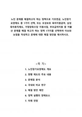 노인 문제를 해결하고자 하는 정책으로 기초연금, 노인장기요양제도 중 1가지 선택, 또는 모성보호 육아지원급여, 남성육아휴직제도, 가정양육수당 지원사업, 부모급여지원 중 저출산 문제를 해결 하고자 하는 정책 1가지를 선택하여 이슈와 논점을 작성하고 문제에 대한 해결 방안을 제시하시오.-1페이지