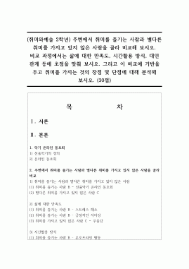 (취미와예술 2학년) 주변에서 취미를 즐기는 사람과 별다른 취미를 가지고 있지 않은 사람을 골라 비교해 보시오. 비교 과정에서는 삶에 대한 만족도-1페이지