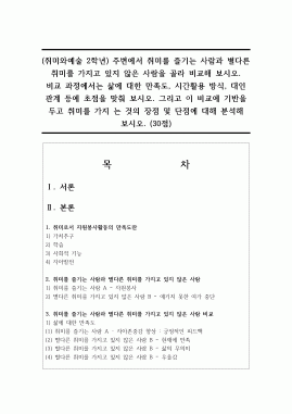 (취미와예술 2학년) 주변에서 취미를 즐기는 사람과 별다른 취미를 가지고 있지 않은 사람을 골라 비교해 보시오. 비교 과정에서는 삶에 대한 만족도, 시간활용 방식, 대인 관계 등에 초점을 맞춰 보시오. 그리고 이 비교에 기반을 두고 취미를 가지 는 것의 장점 및 단점에 대해 분석해 보시오. (30점)-1페이지