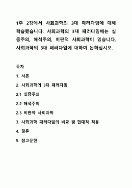 1주 2강에서 사회과학의 3대 패러다임에 대해 학습했습니다. 사회과학의 3대 패러다임에는 실증주의, 해석주의, 비판적 사회과학이 있습니다. 사회과학의 3대 패러다임에 대하여 논하십시오.-1페이지