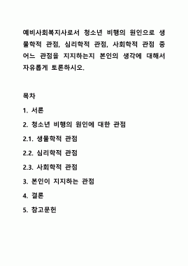 예비사회복지사로서 청소년 비행의 원인으로 생물학적 관점, 심리학적 관점, 사회학적 관점 중 어느 관점을 지지하는지 본인의 생각에 대해서 자유롭게 토론하시오.-1페이지