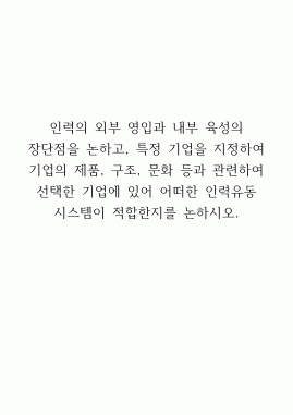 [위더스 평생교육원 인력개발과 활용 레포트]  인력의 외부 영입과 내부 육성의 장단점을 논하고, 특정 기업을 지정하여 기업의 제품, 구조, 문화 등과 관련하여 선택한 기업에 있어 어떠한 인력유동 시스템이 적합한지를 논하시오.-1페이지