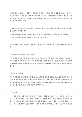 (인간행동과 사회환경) 1. 동물과는 근본적으로 다른 인간만의 행동 특성을 정리하고, 이에 대한 자신의 견해(또는 경험) 를 구체적으로 작성하세요. (15점) 2. 아들러(Adler)가 제시한 개념 중 ‘열등감과 보상’, ‘우월성 추구’, ‘사회적 관심’을 정리하고, 각각 에 대한 자신의 견해(또는 경험)를 구체적으로 작성하세요. (15점)-1페이지