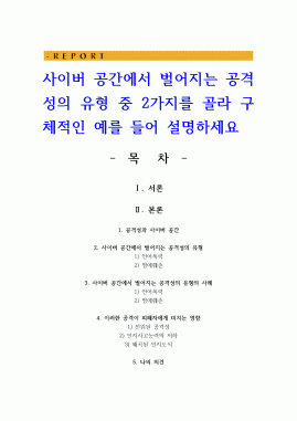 사이버 공간에서 벌어지는 공격성의 유형 중 2가지를 골라 구체적인 예를 들어 설명하세요-1페이지