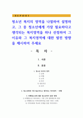 청소년 복지의 영역을 나열하여 설명하고 그 중 청소년에게 가장 필요하다고 생각되는 복지영역을 하나 선정하여 그 이유-1페이지