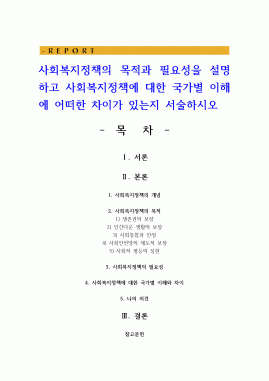 사회복지정책의 목적과 필요성을 설명하고 사회복지정책에 대한 국가별 이해에 어떠한 차이가 있는지 서술하시오-1페이지