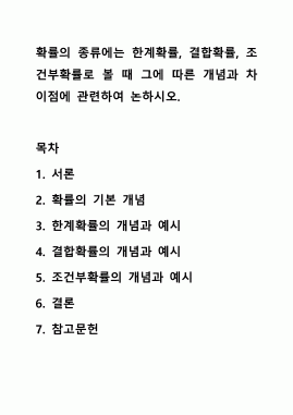 확률의 종류에는 한계확률, 결합확률, 조건부확률로 볼 때 그에 따른 개념과 차이점에 관련하여 논하시오.-1페이지