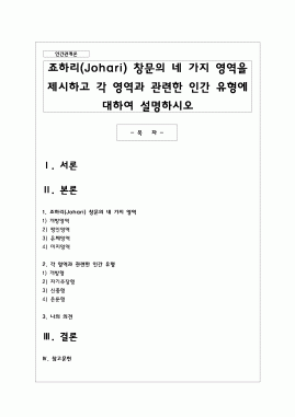 죠하리(Johari) 창문의 네 가지 영역을 제시하고 각 영역과 관련한 인간 유형에 대하여 설명하시오-1페이지