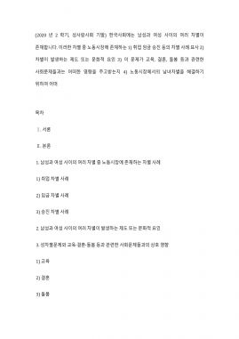 (2020년 2학기, 성사랑사회 기말) 한국사회에는 남성과 여성 사이의 여러 차별이 존재합니다. 이러한 차별 중 노동시장에 존재하는 1) 취업 임금 승진 등의 차별 사례 묘사 2) 차별이 발생하는 제도 또는 문화적 요인 3) 이 문제가 교육, 결혼, 돌봄 등과 관련한 사회문제들과는 어떠한 영향을 주고받는지 4) 노동시장에서의 남녀차별을 해결하기 위하여 어떠-1페이지