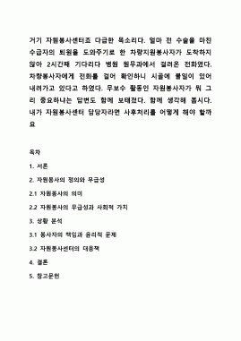 거기 자원봉사센터죠 다급한 목소리다. 얼마 전 수술을 마친 수급자의 퇴원을 도와주기로 한 차량지원봉사자가 도착하지 않아 2시간째 기다리다 병원 원무과에서 걸려온 전화였다. 차량봉사자에게 전화를 걸어 확인하니 시골에 볼일이 있어 내려가고 있다고 하였다.-1페이지