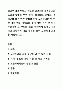 여태껏 가정 안에서 연로한 어르신을 돌봤습니다. 그러나 맞벌이 부부 증가, 핵가족화, 산업화, 수명연장 등 다양한 변화로 인해 노인부양은 더 이상 가정 안의 가족들의 몫이 아닌 공공 및 민간차원에서 그 부양의 몫을 담당하게 되었습니다.-1페이지